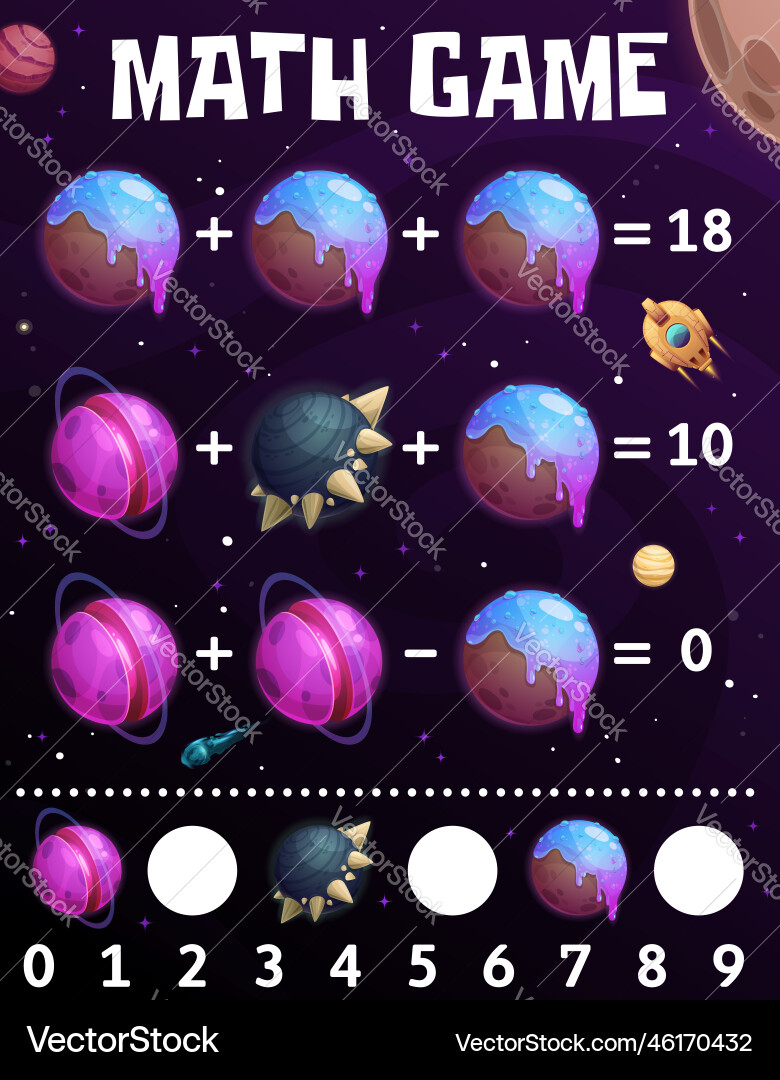 Cartoon space planets and galaxy stars math game Vector Image