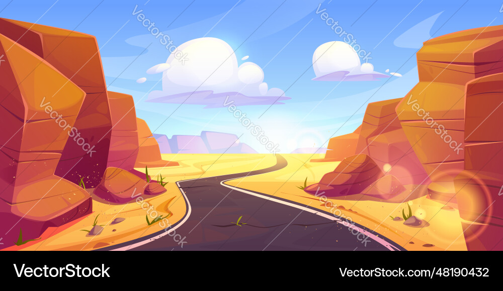Desert road among canyon cartoon Royalty Free Vector Image