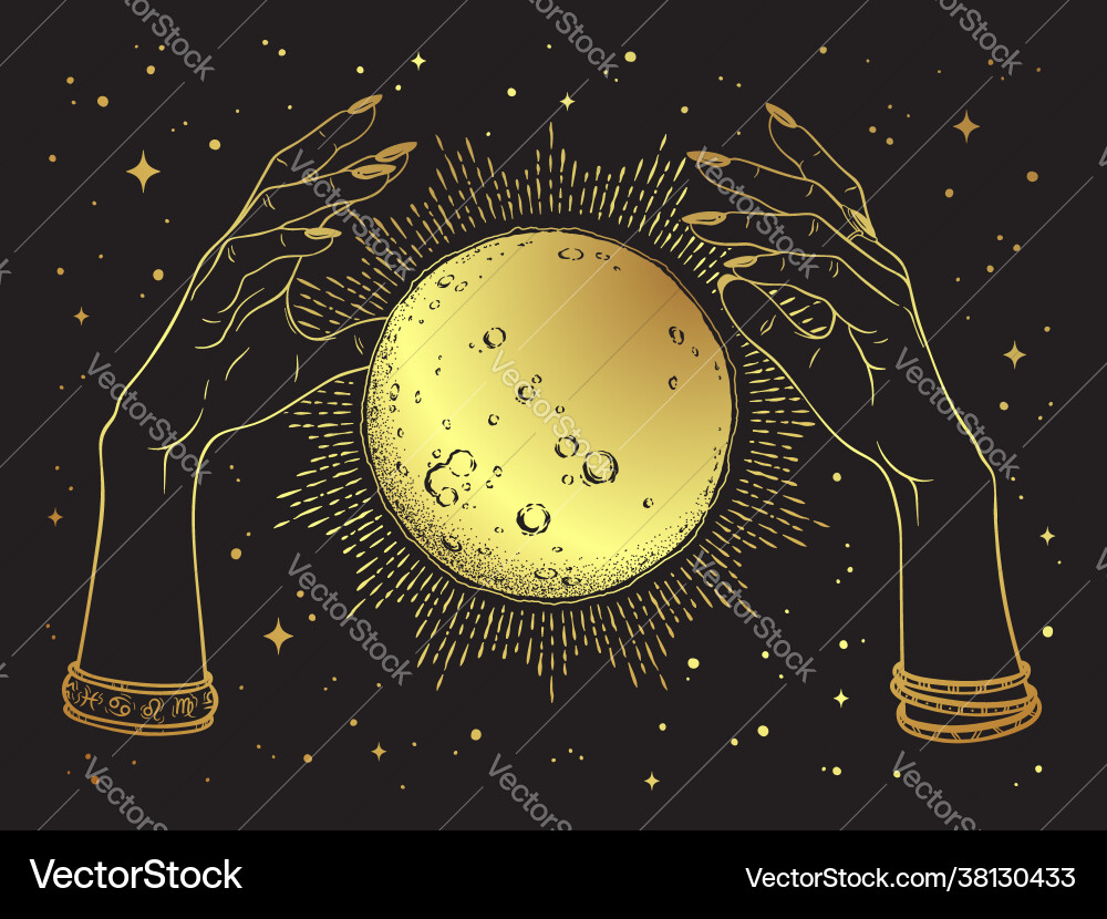 Hand drawn gold full moon with rays light Vector Image