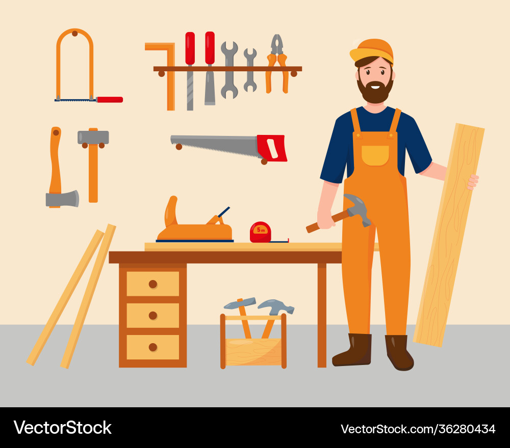 Carpenter in his workplace with work tools Vector Image