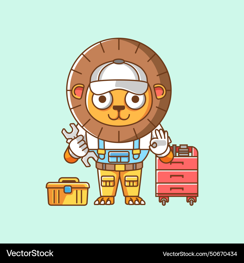 Cute lion mechanic with tool at workshop cartoon Vector Image