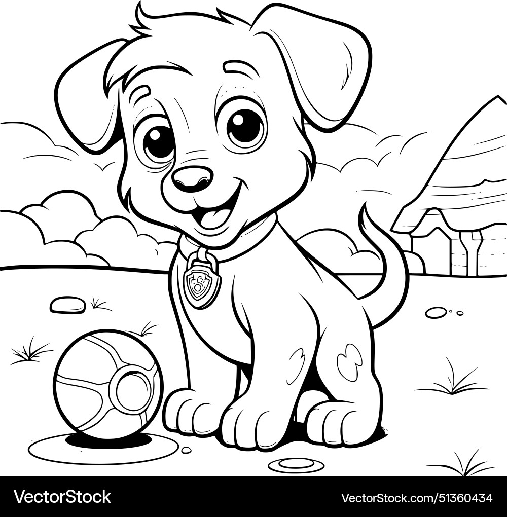 Dog playing with ball coloring pages drawing Vector Image