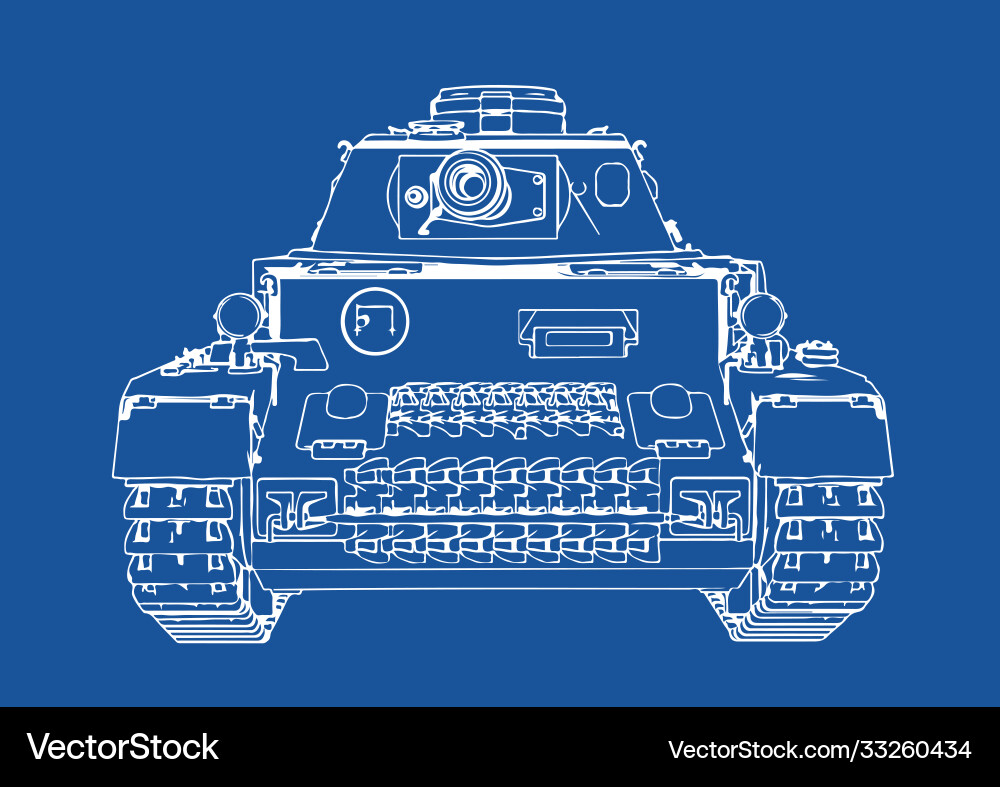 Drawing old military equipment tank on a blue Vector Image