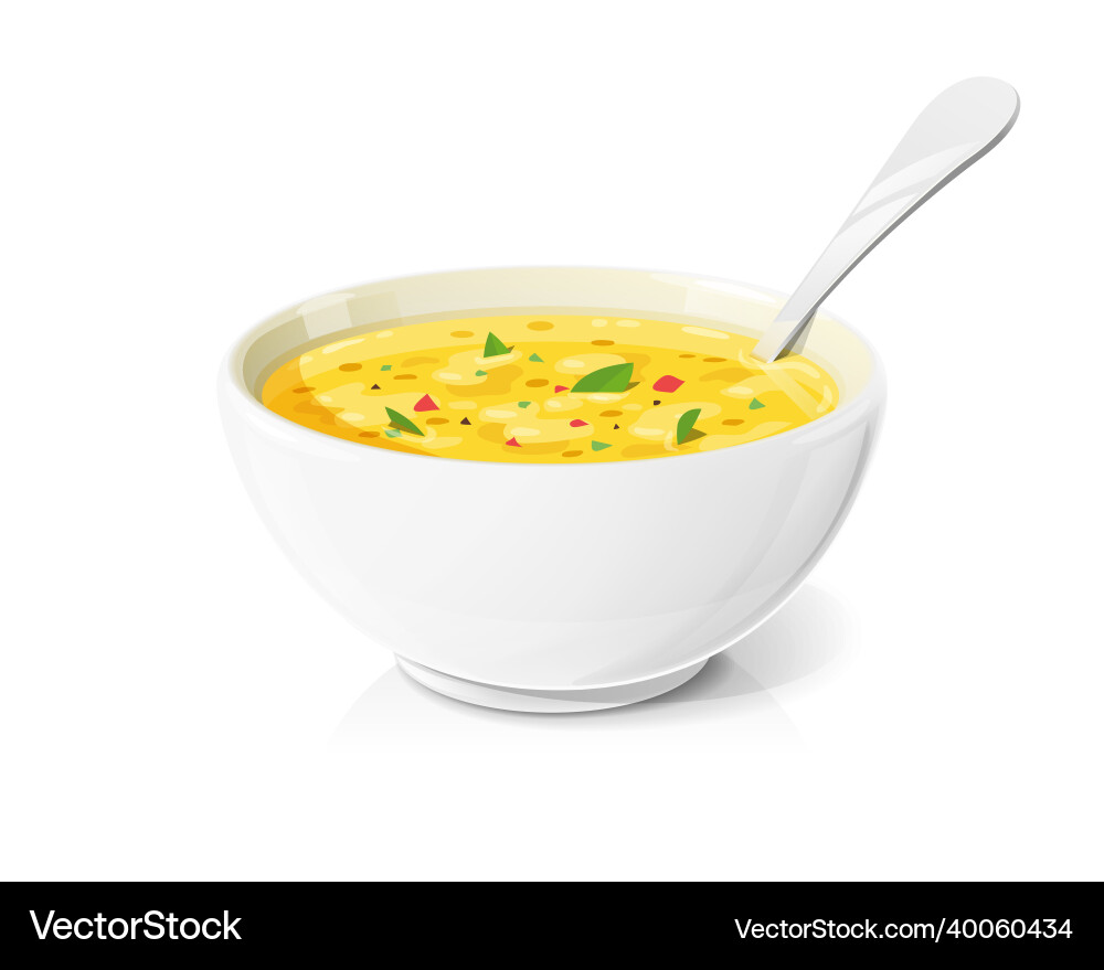 Soup in ceramic bowl spoon dinner food Royalty Free Vector