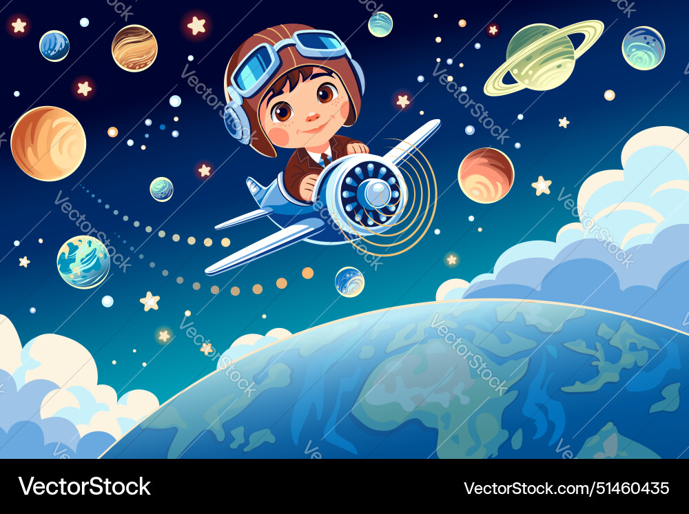 Cartoon kid pilot in space adventure Royalty Free Vector