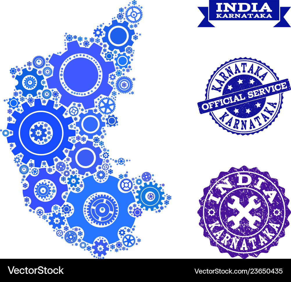 Mosaic map of karnataka state with cogs and rubber