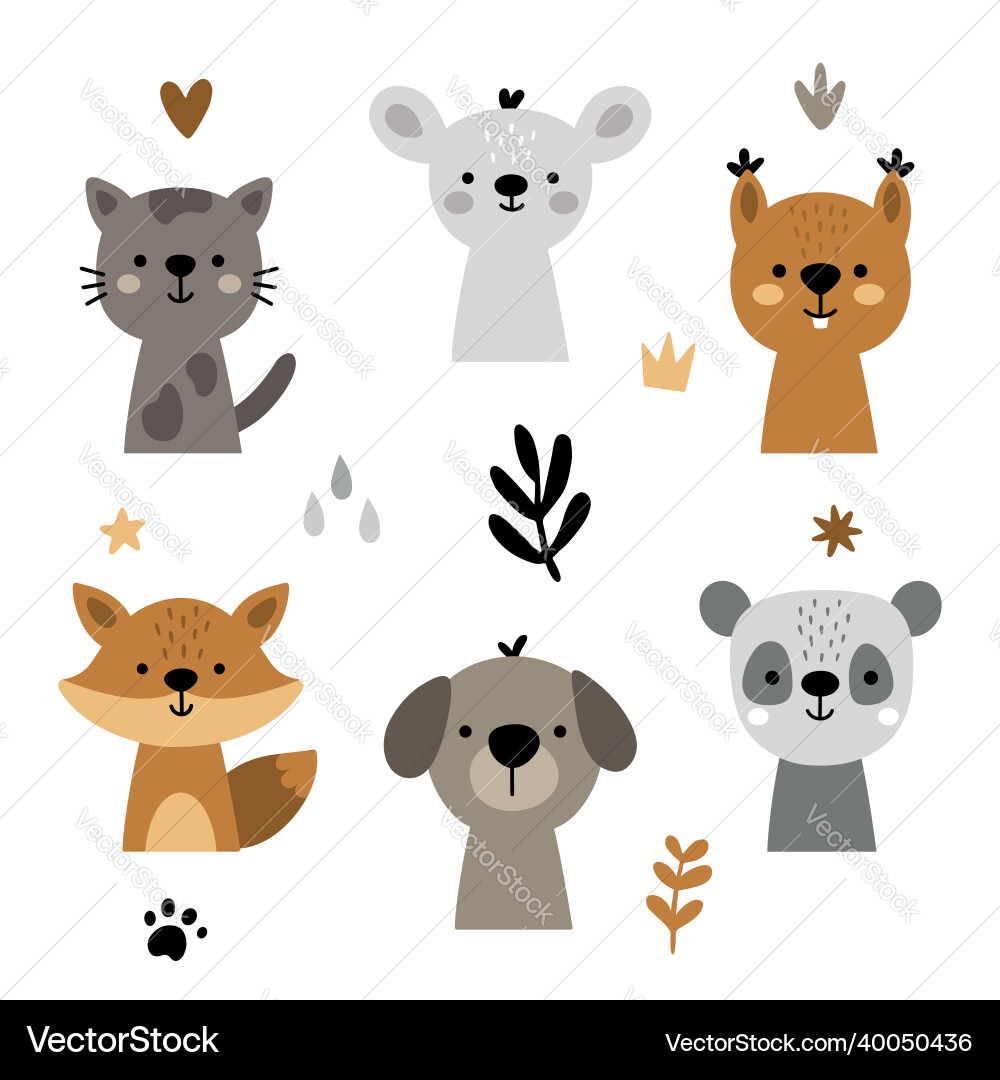 Set of cute animals and elements Royalty Free Vector Image