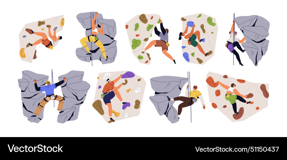 Climbers on rock cliffs bouldering walls set Vector Image