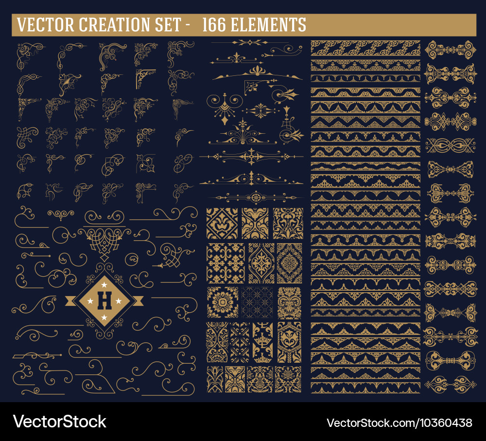 166 elements set corners accents borders Vector Image