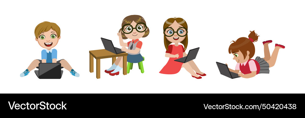 Happy children with mobile gadget use application Vector Image