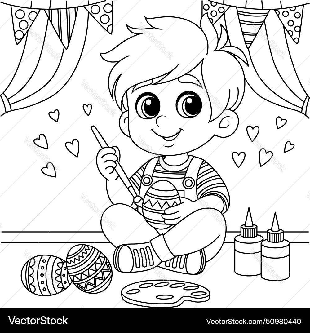 Cute boy painting easter eggs coloring page Vector Image