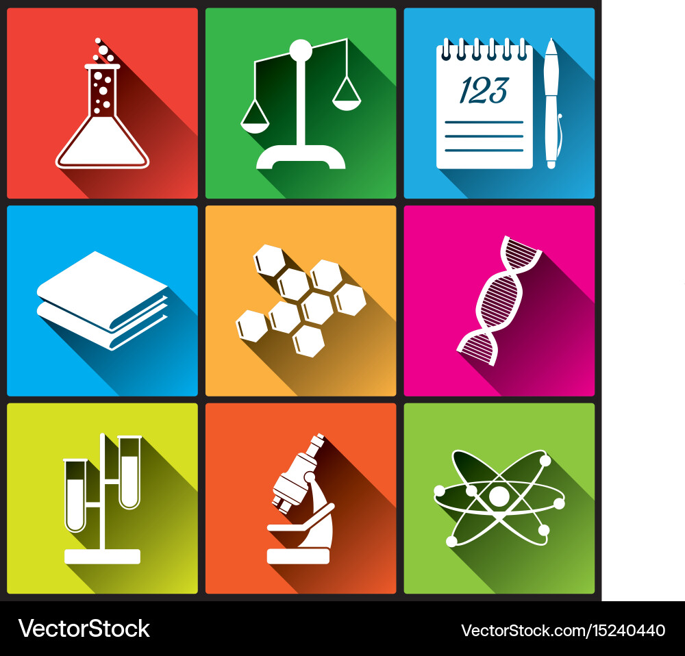Flat chemistry square icons set Royalty Free Vector Image