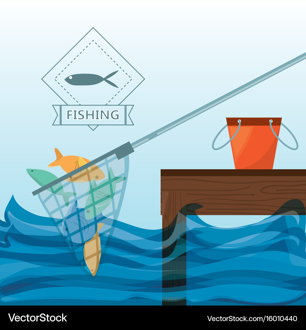 Net with fish and bucket Royalty Free Vector Image