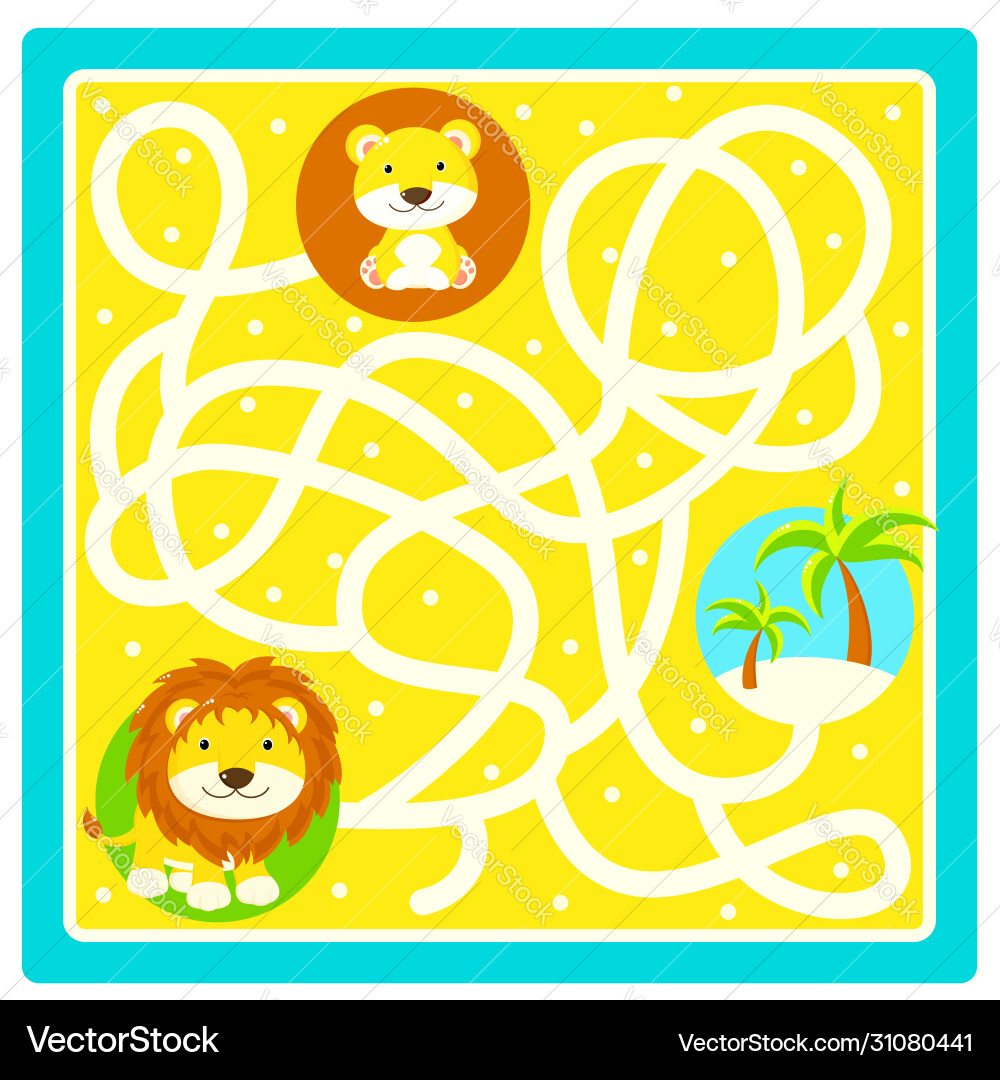 Maze game for kids with cartoon lions Royalty Free Vector