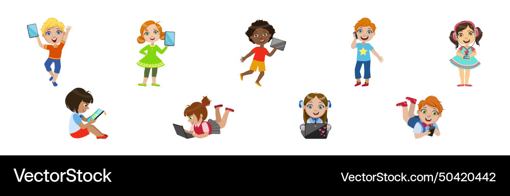 Happy children with mobile gadget use application Vector Image
