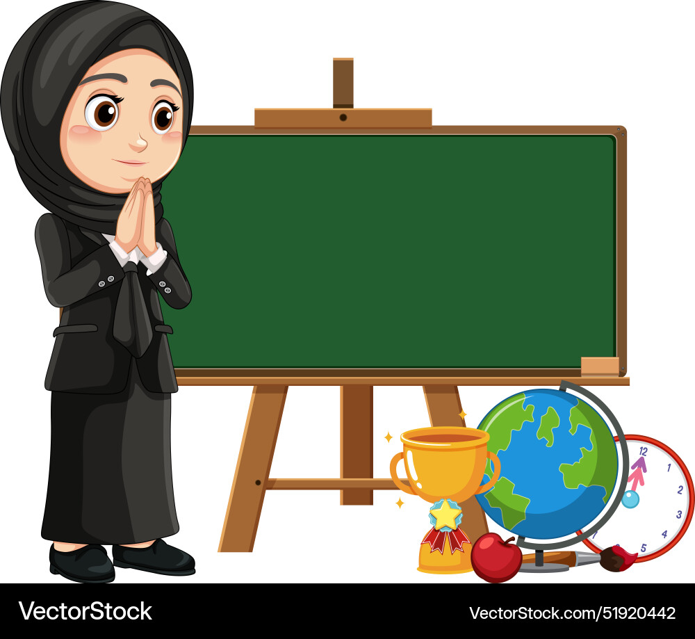Teacher standing beside a chalkboard and school Vector Image