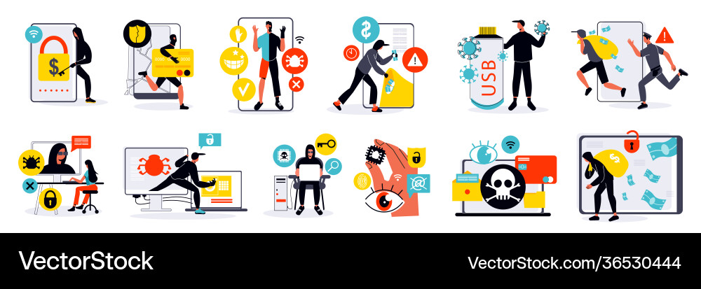 Cybersecurity flat icons set Royalty Free Vector Image