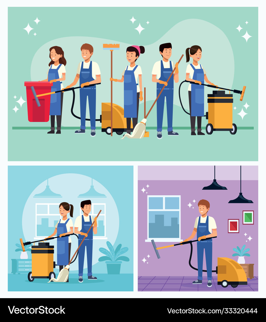 Housekeeping team workers with equipment tools Vector Image