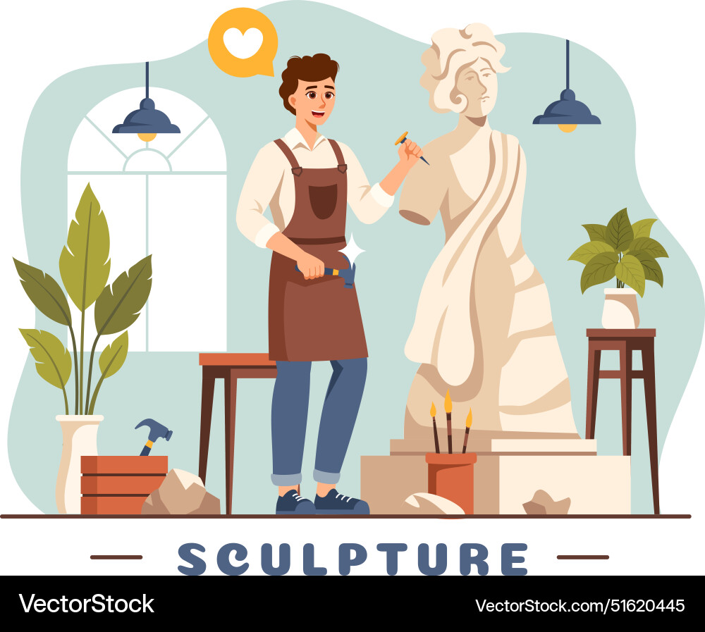 Stone sculpture featuring a craftsman carving Vector Image