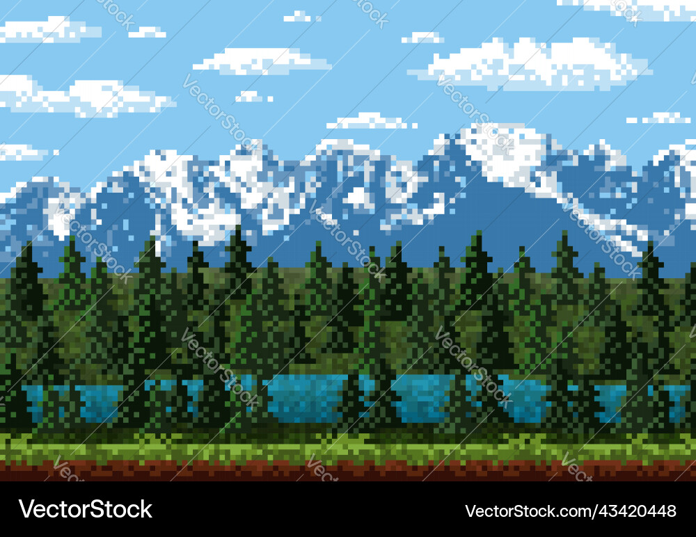 8 bit pixel mountain forest game level landscape Vector Image
