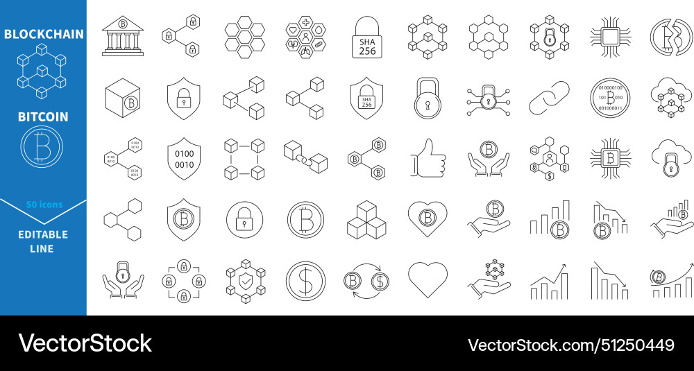 Blockchain and bitcoin icon set Royalty Free Vector Image