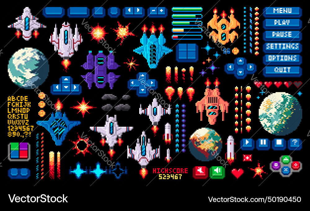 8bit arcade space pixel game asset invaders set Vector Image