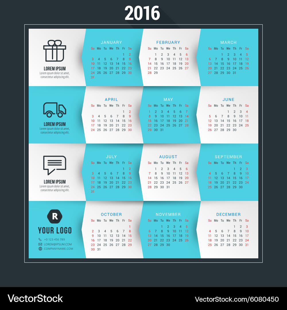 Calendar template 2016 week starts sunday Vector Image
