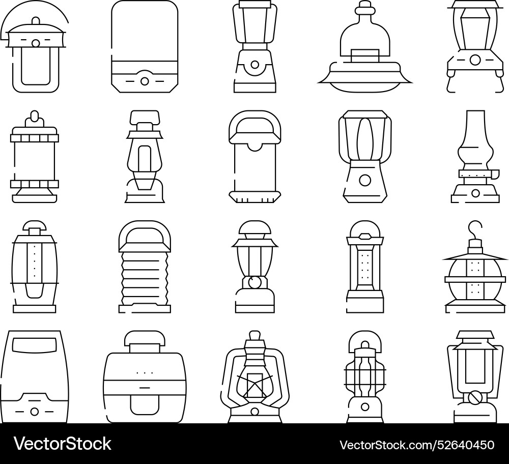Camp lamp lighting equipment icons set Royalty Free Vector