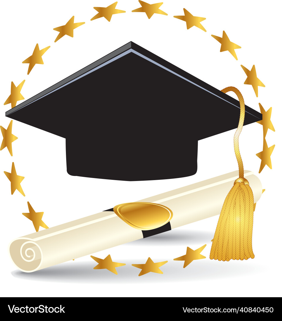Graduation hat and paper degree certificate Vector Image