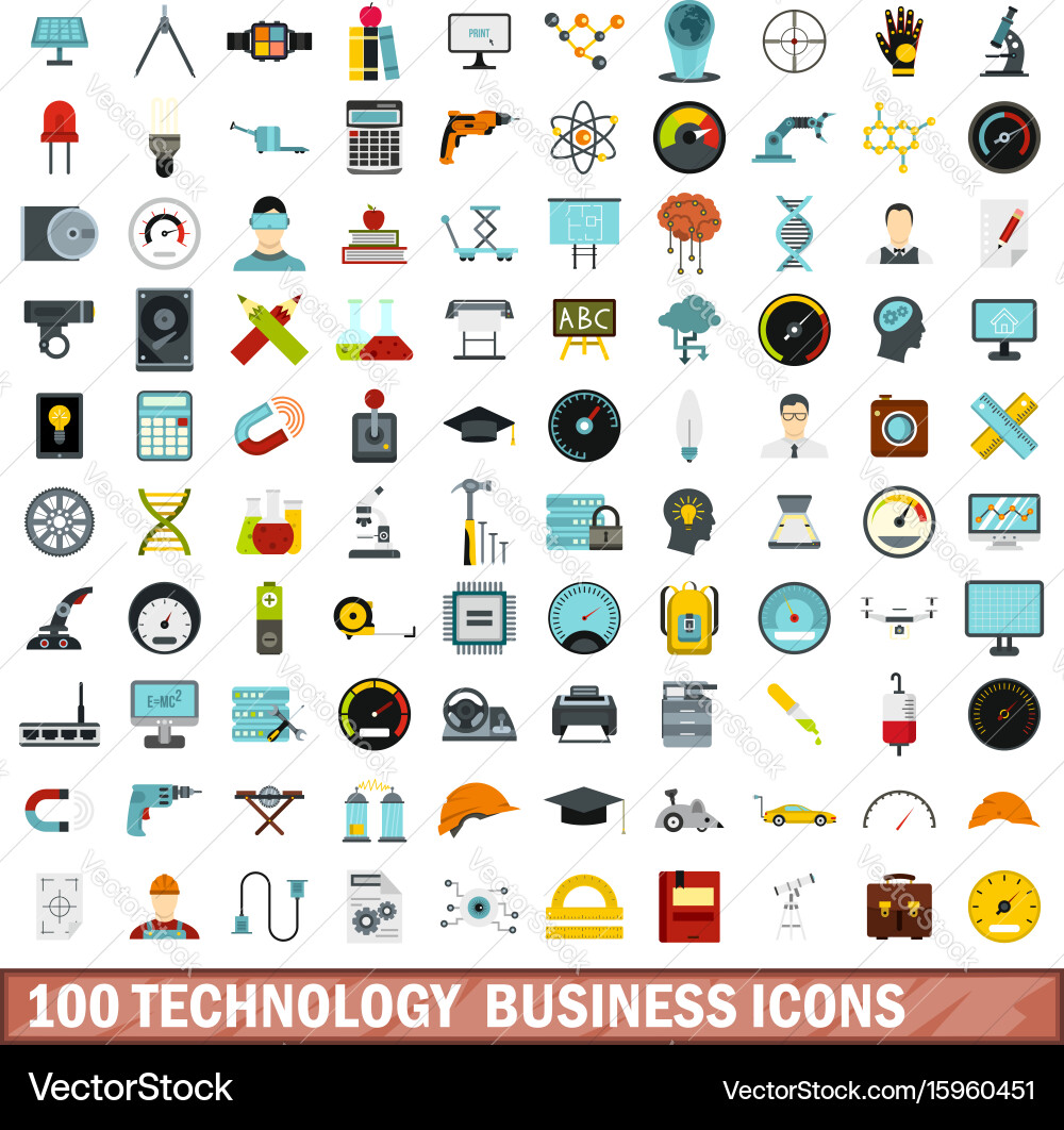 100 technology business icons set flat style Vector Image