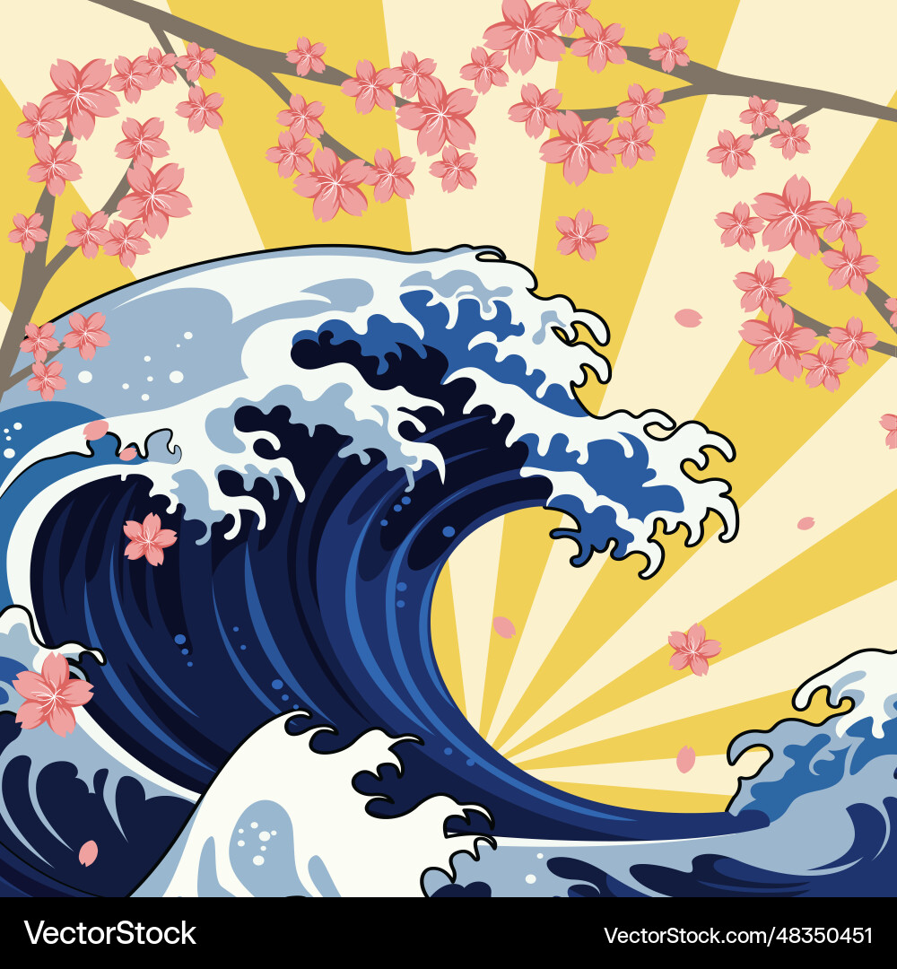 Japanese style great wave with retro comic Vector Image
