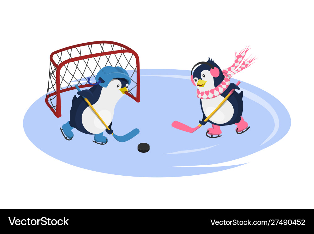 Penguins playing hockey isolated characters Vector Image