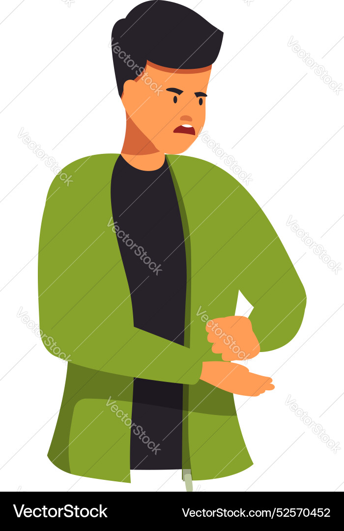 Young man showing nervous body language pulling Vector Image