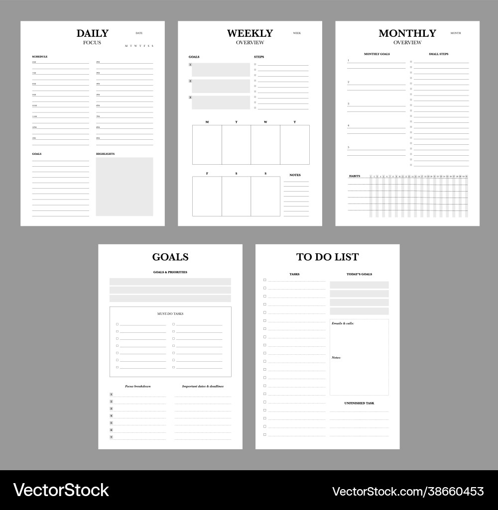 5 set daily weekly monthly goals to do planner Vector Image