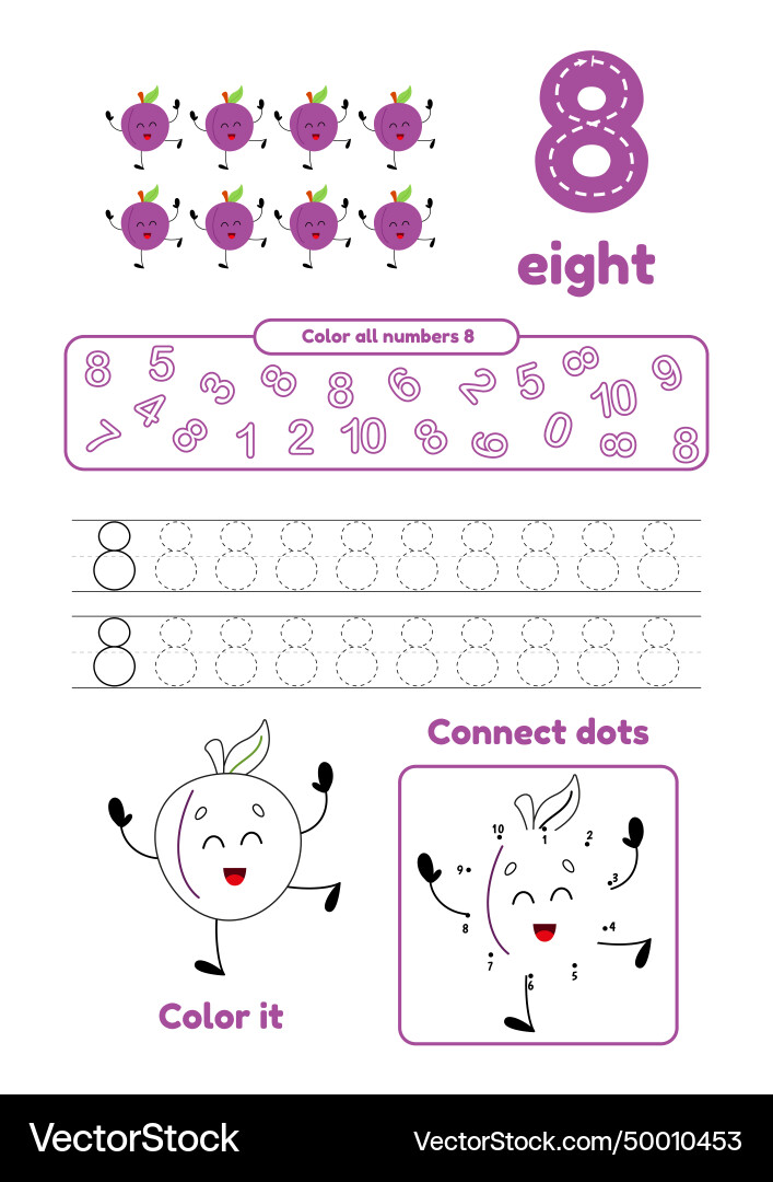 Color page dot to trace learn number 8 many Vector Image