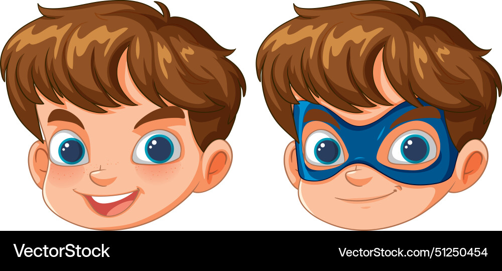Boy with and without superhero mask Royalty Free Vector