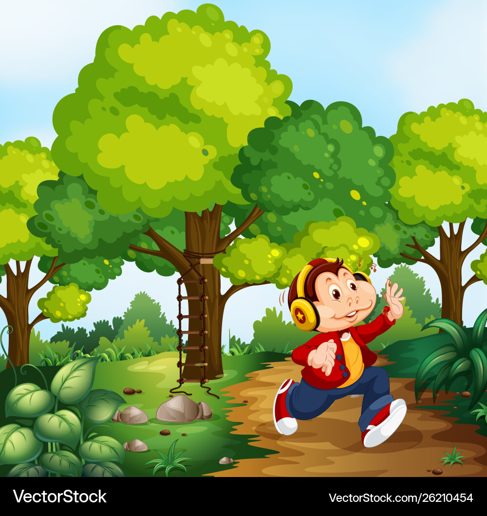 Monkey boy in woods scene Royalty Free Vector Image