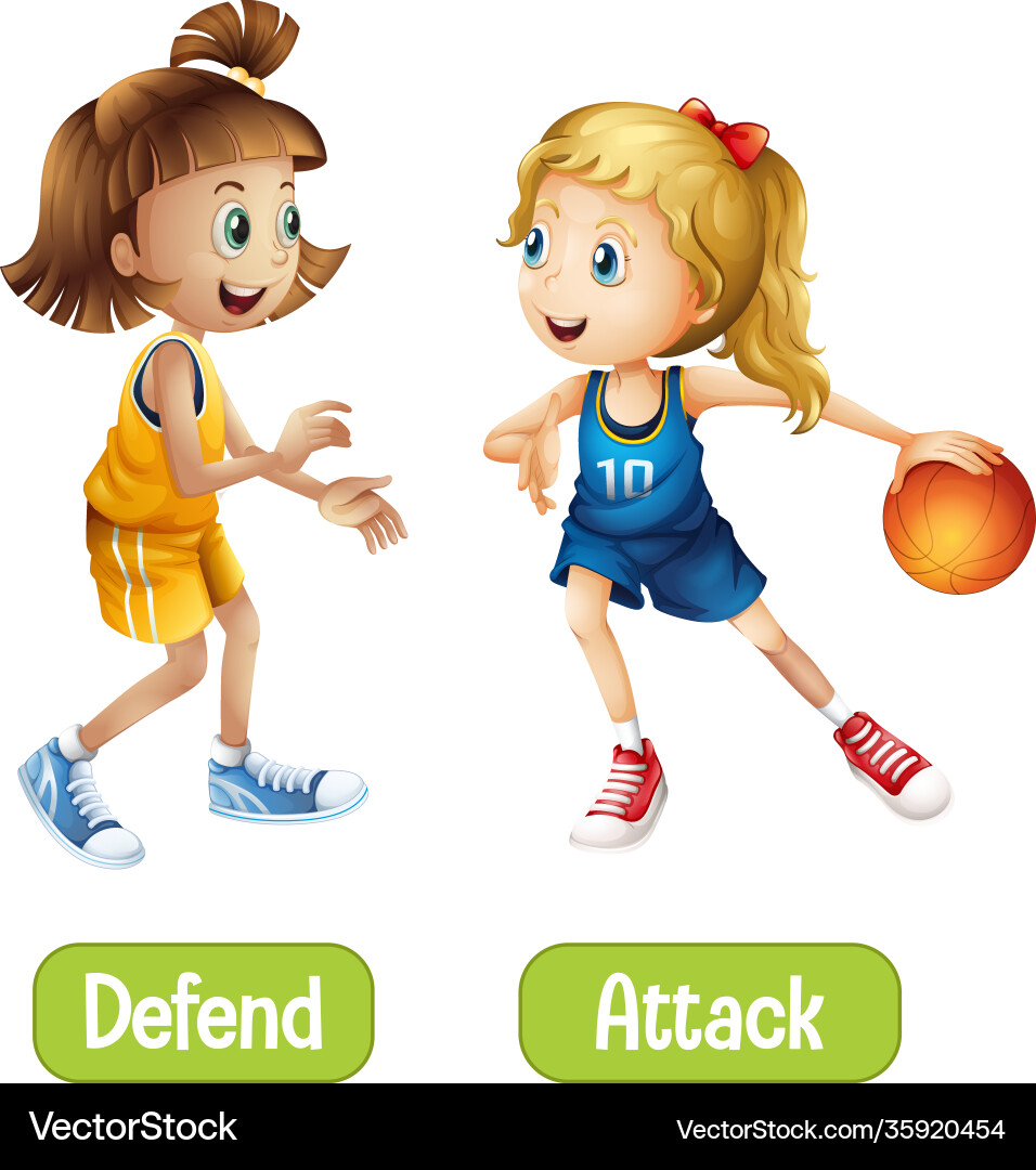 Opposite words with defend and attack Royalty Free Vector