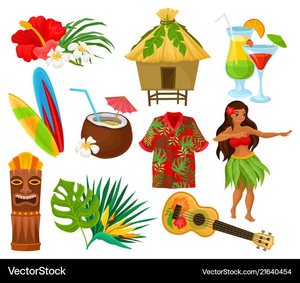 Traditional symbols of hawaiian culture set Vector Image