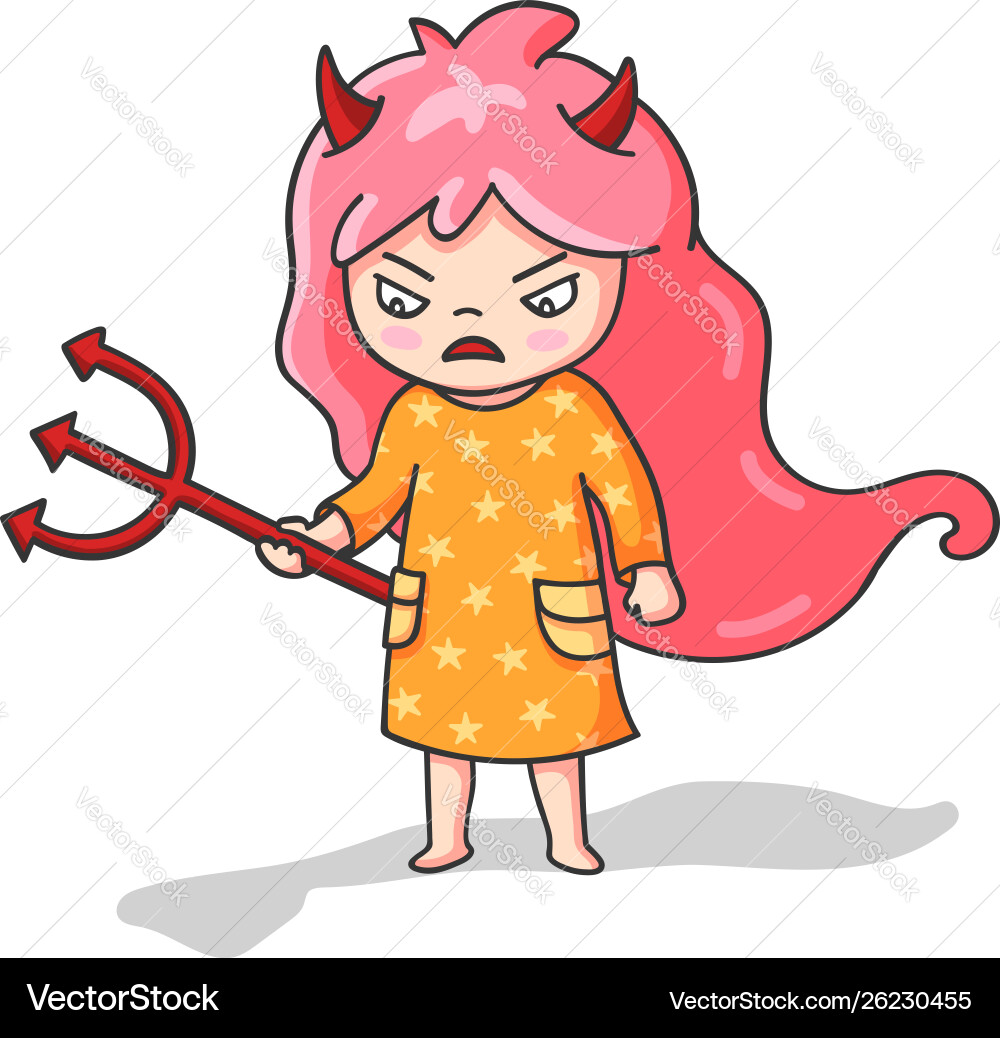 Angry girl with trident and devil horns cute Vector Image