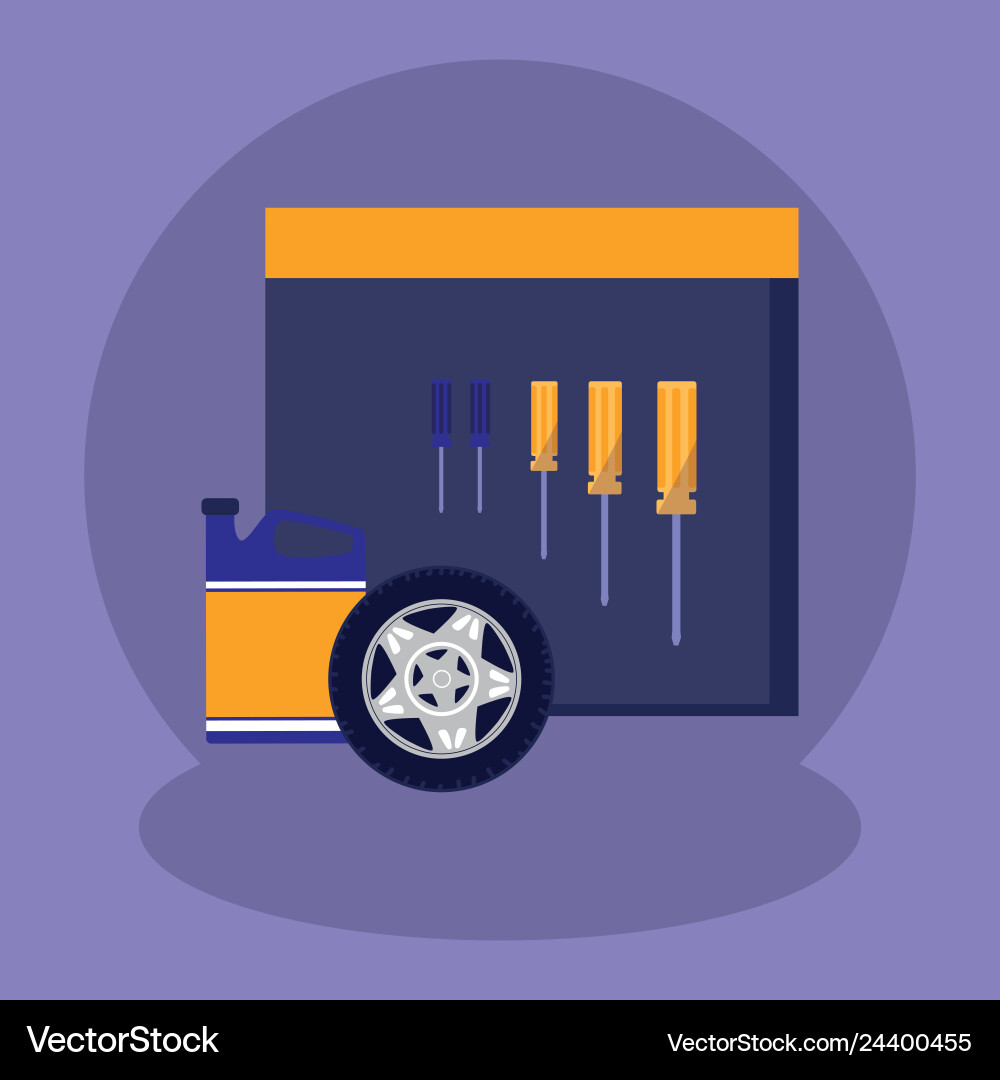 Board with mechanic tools hanging and tire car Vector Image