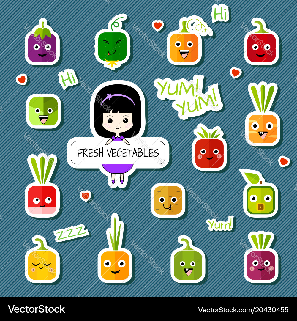 Chibi girl and square vegetable character set Vector Image