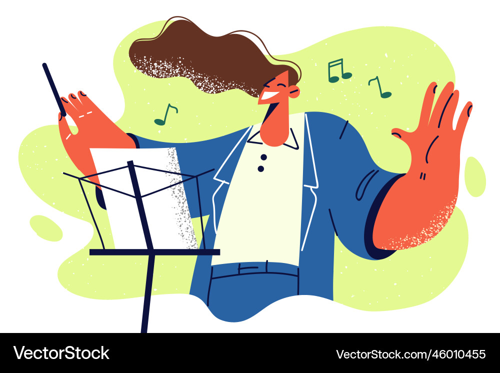 Happy woman conductor controls orchestra standing Vector Image
