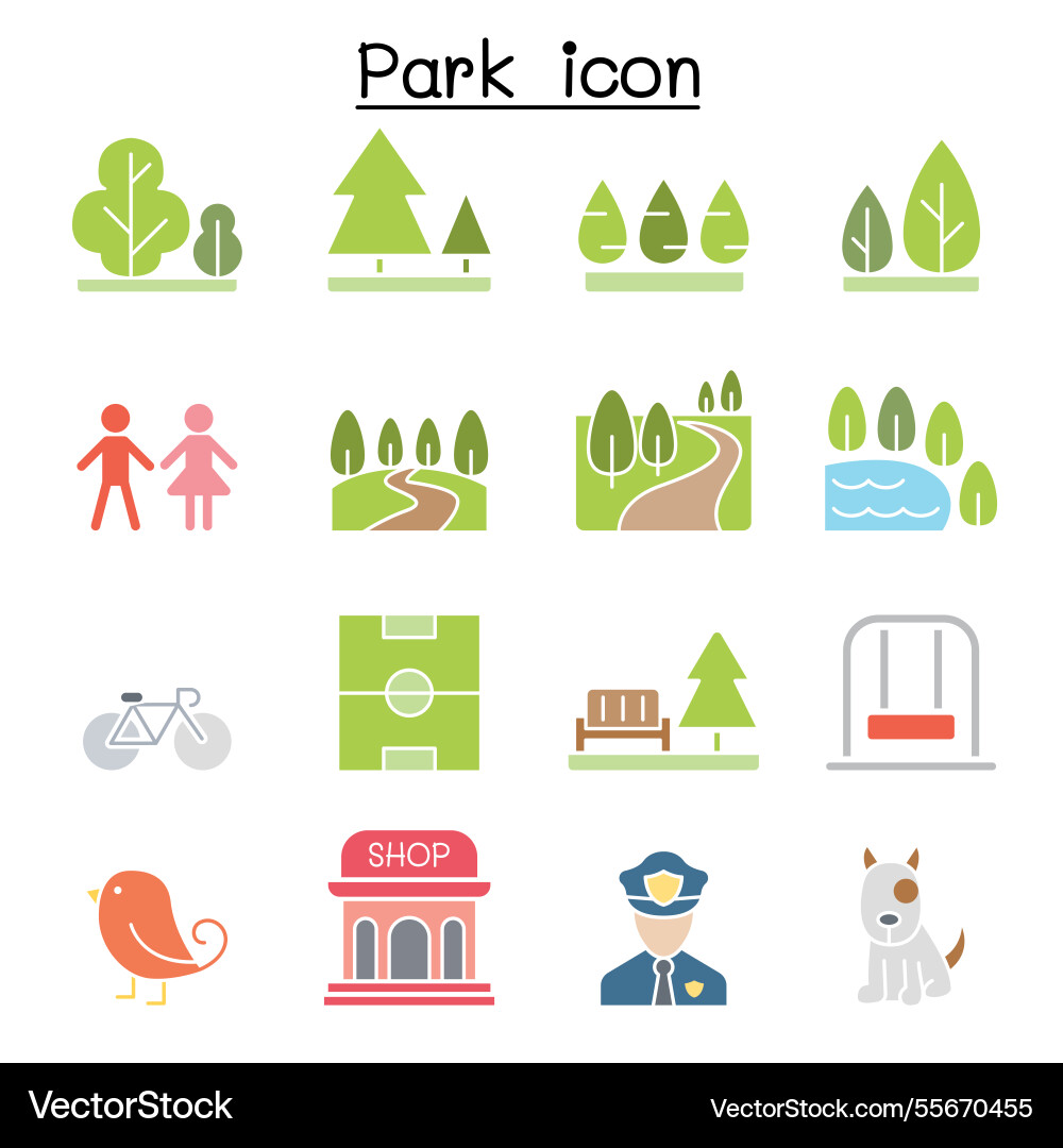 Park icon set in flat color style Royalty Free Vector Image