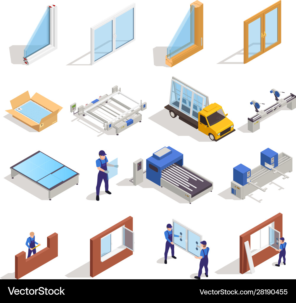 Window production isometric set Royalty Free Vector Image