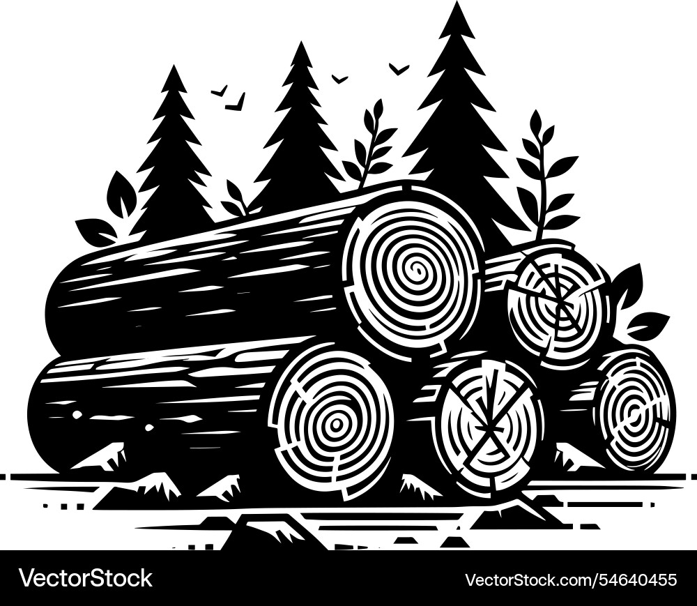 Wood log stack and trees silhouette isolated Vector Image