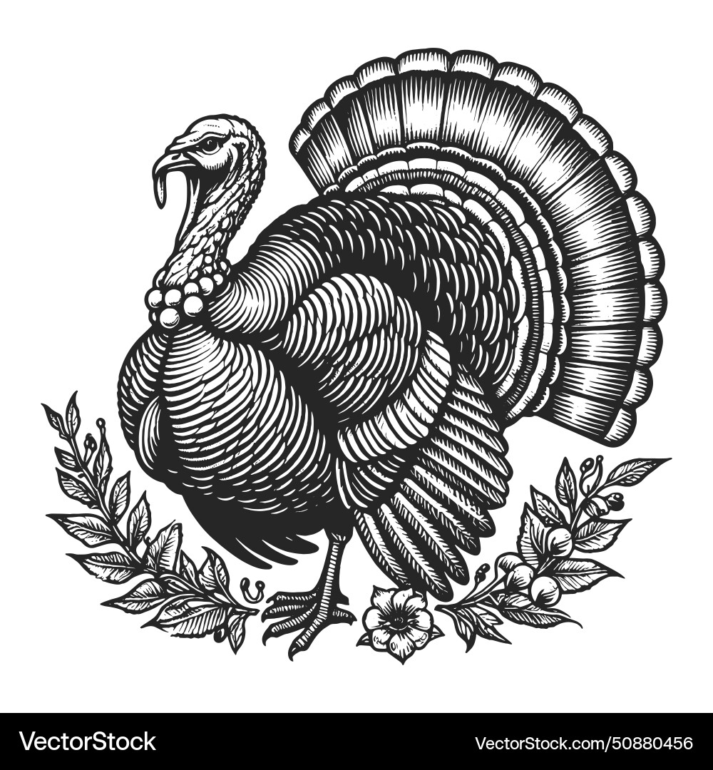 Majestic turkey engraving sketch Royalty Free Vector Image