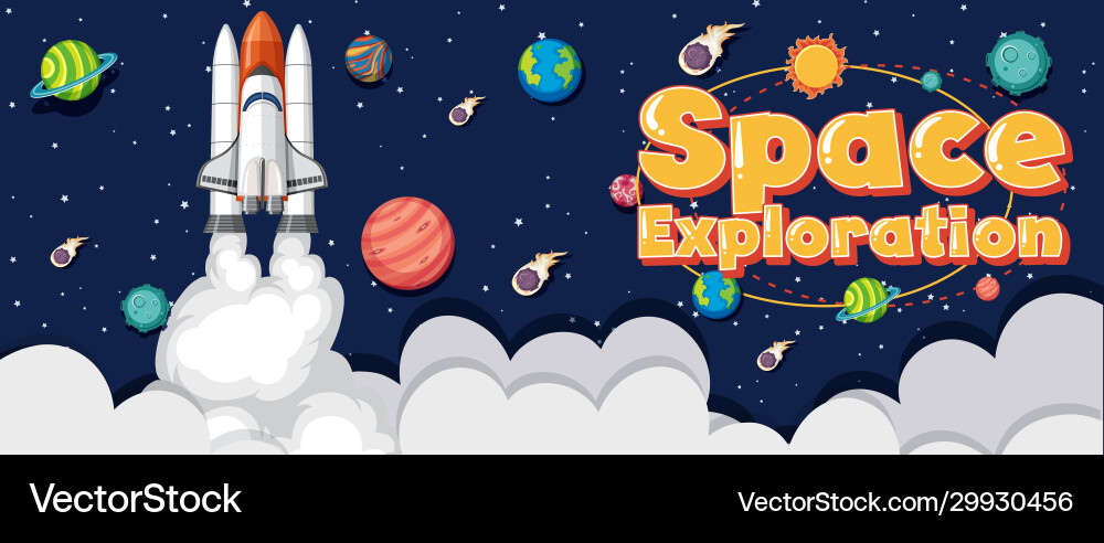 Poster design with spaceship and many planets Vector Image