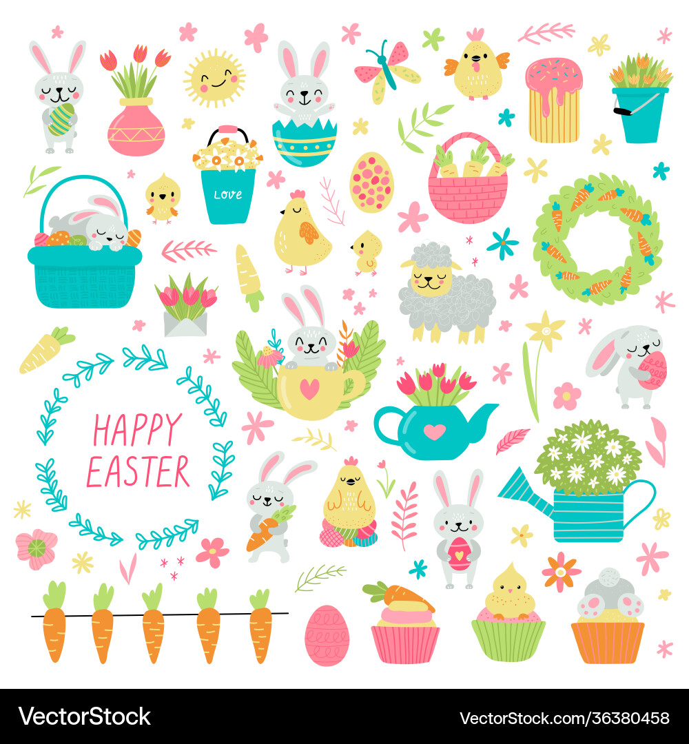 Set cute easter cartoon characters and design Vector Image