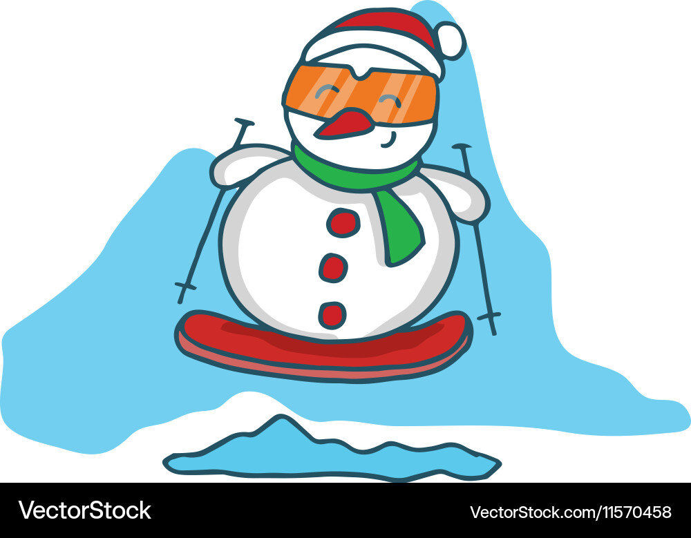 Snowman with surfing board cartoon Royalty Free Vector Image